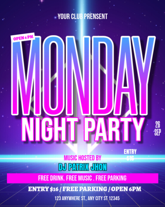 Monday night party poster Template | PosterMyWall