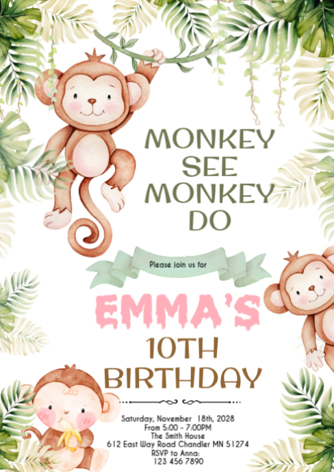 Monkey Birthday party Invitation Template | PosterMyWall