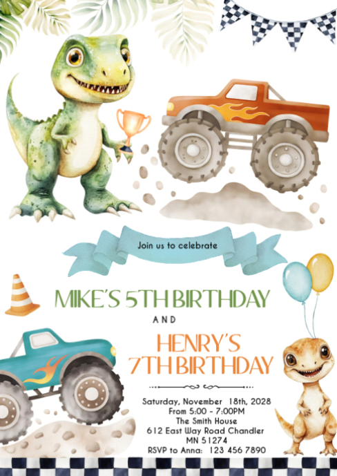 Monster truck dinosaur theme invitation Template | PosterMyWall