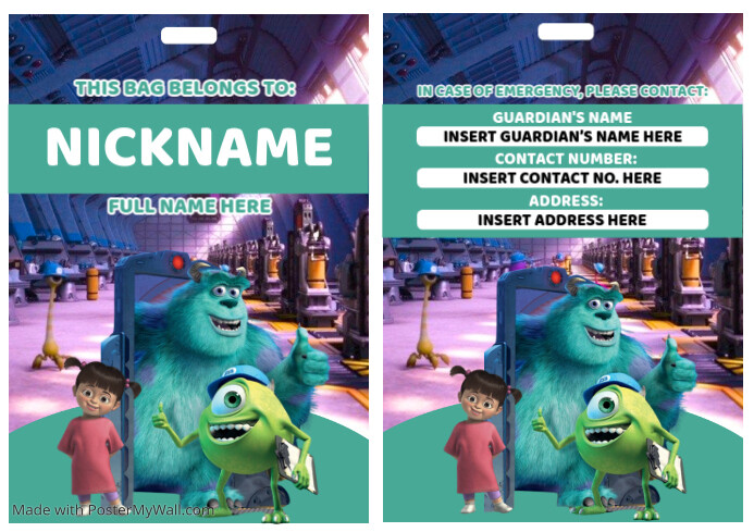 Monsters Inc. ID/Bag Tag & name tag Template | PosterMyWall