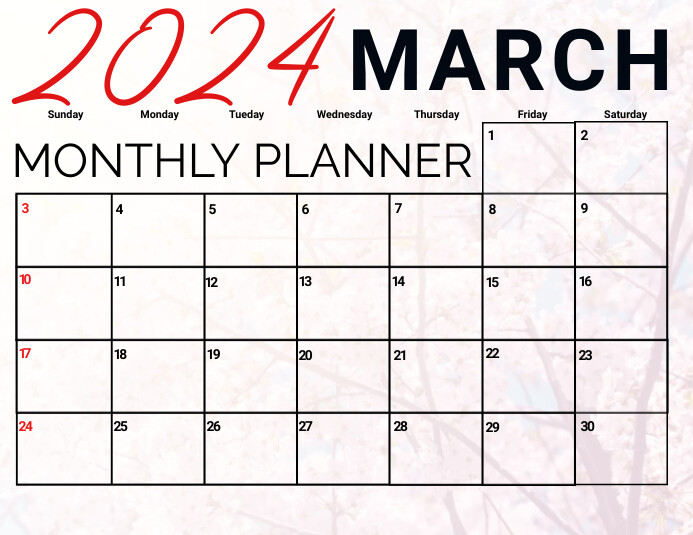MONTHLY PLANNER MARCH 2024 Template | PosterMyWall