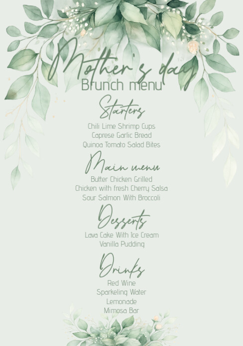 Mother's day Brunch menu card with greenery leafs Template | PosterMyWall