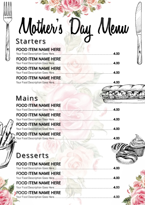Mother's Day Restaurant Menu Template | PosterMyWall