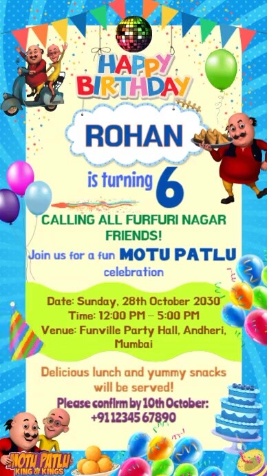 Motu Patlu Theme Birthday Invitation Card Digital Template for Kids ...