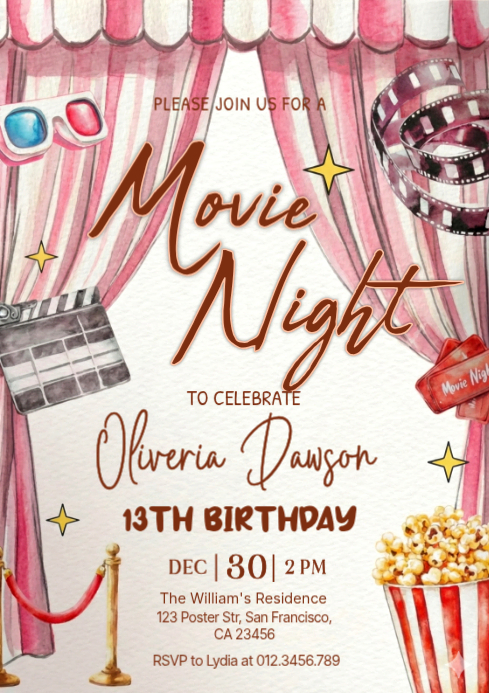 Plantilla de Movie Night 13th Birthday Invitation | Fun Cinema Party ...