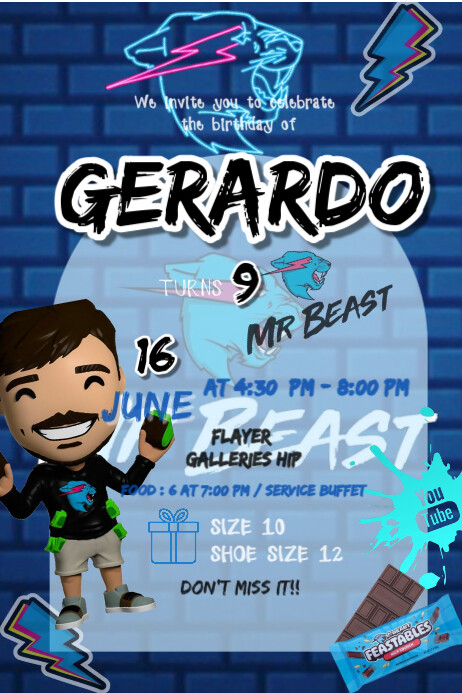 Mr beast invitation Brithday party temple flayer editablet celebration ...