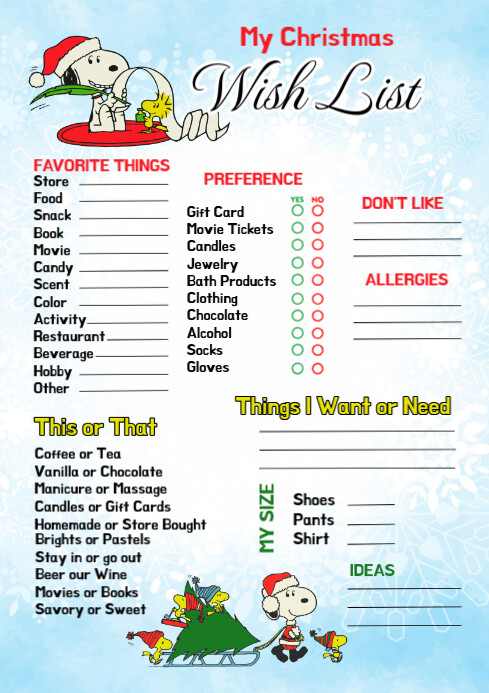 My Christmas Wish List Snoopy Template | PosterMyWall