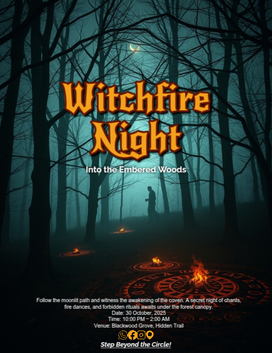 Mystic Witchfire Forest Halloween Flyer with Moonlit Ritual Ambience ...