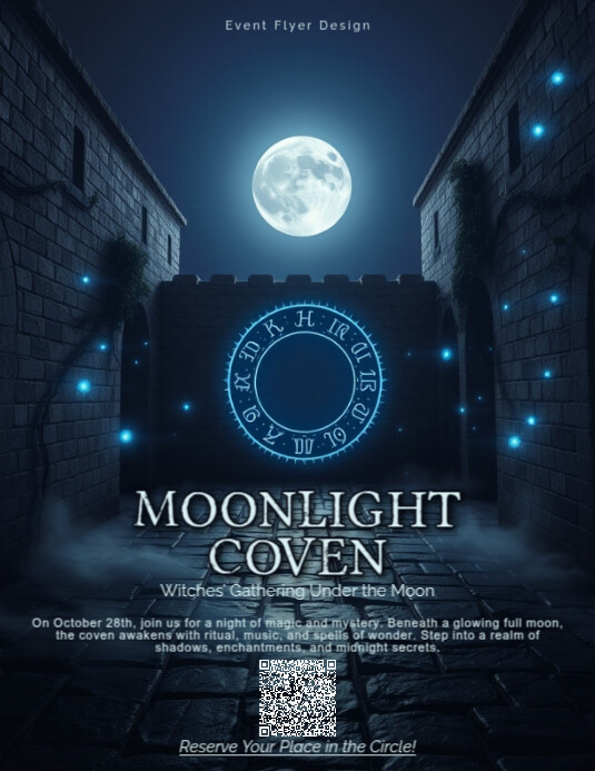 Mystical witch coven Halloween flyer template with moonlit courtyard ...