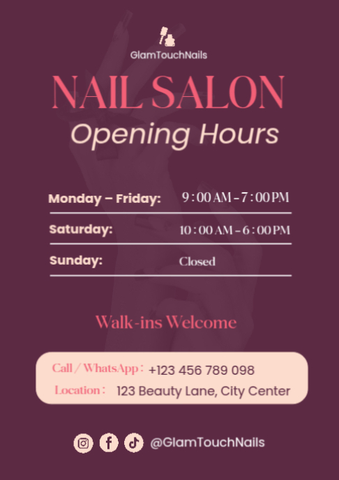 Nail Salon Open Hours Poster Template – Elegant Beauty Spa Schedule ...