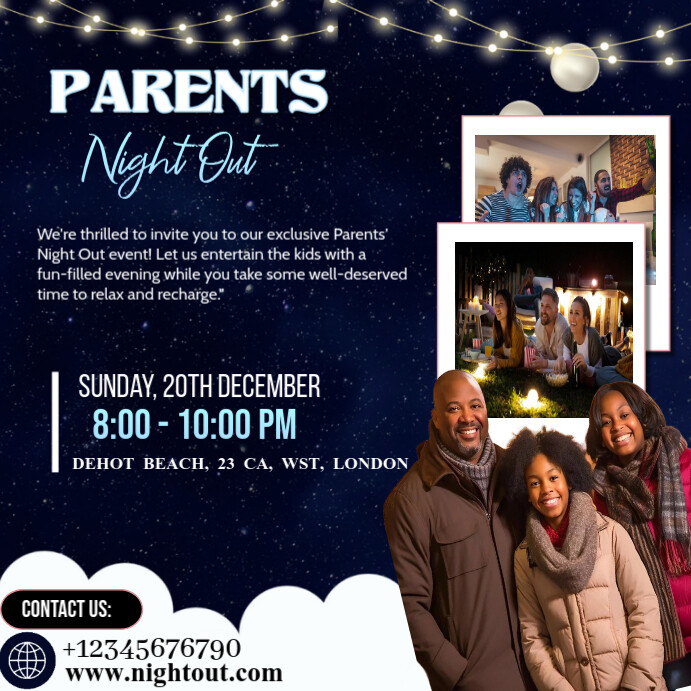 Navy and white parents night out invitation template design | PosterMyWall