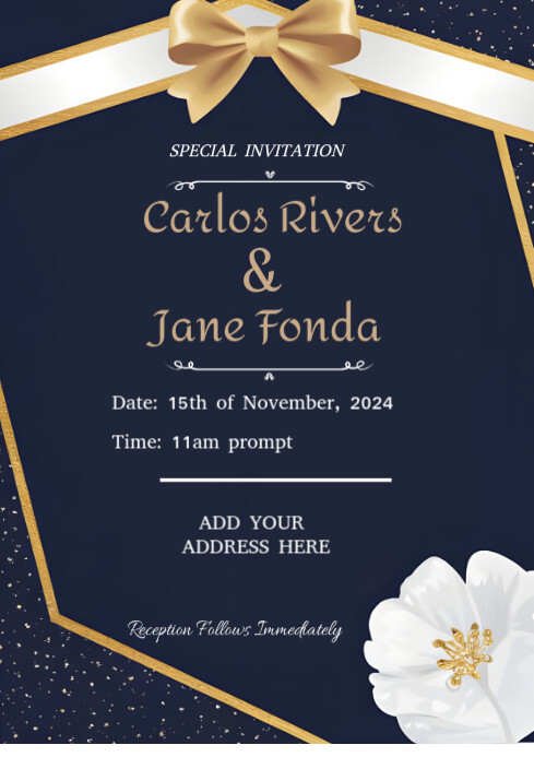 Navy Blue, Gold and White Ribbon Wedding Invitation Card Template ...