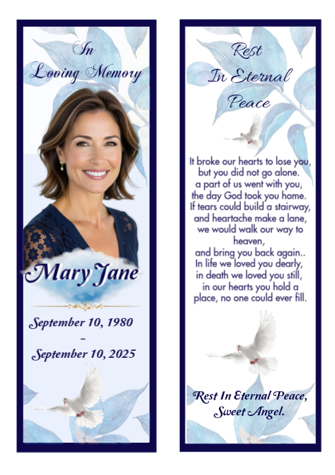 Navy Blue Funeral Bookmark Template | PosterMyWall