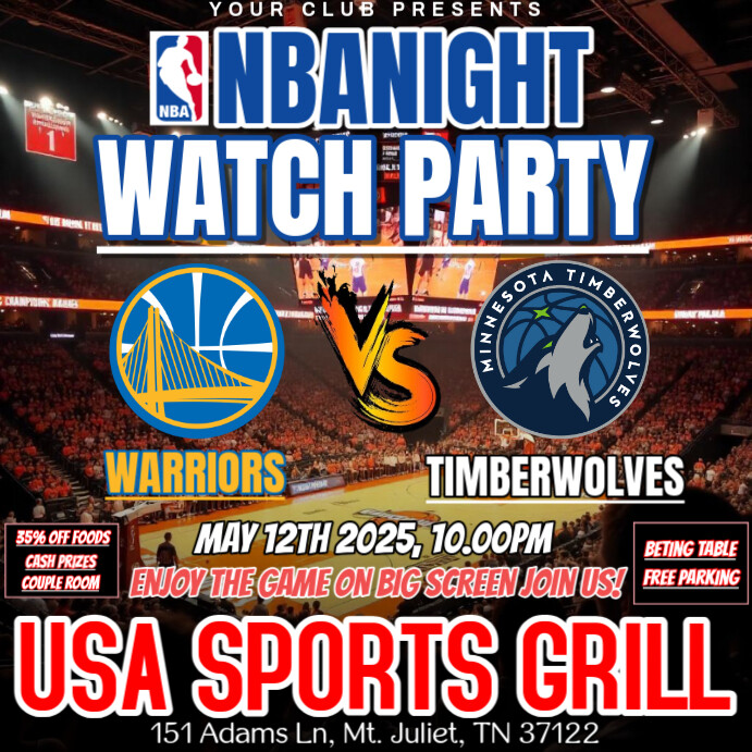 Nba Watch party warriors vs timberwolves 2025 Template | PosterMyWall