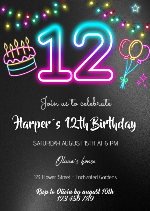 neon 12th Birthday Invitation Template | PosterMyWall