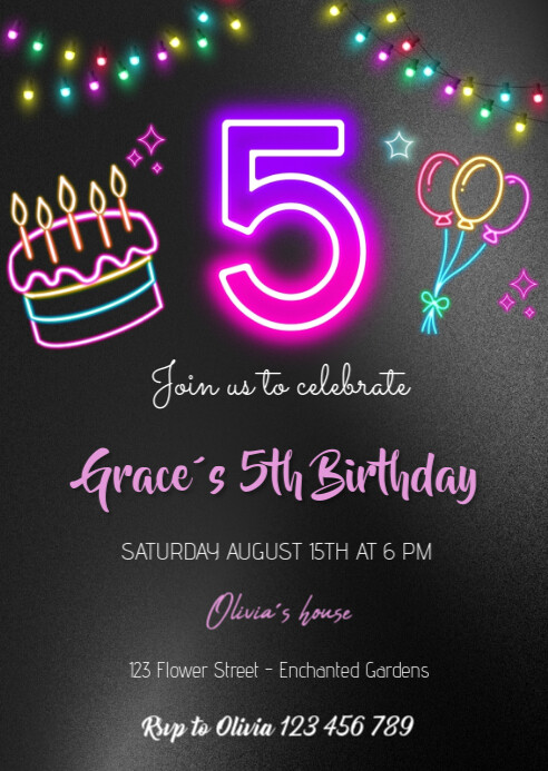 NEON 5th Birthday Invitation Template | PosterMyWall