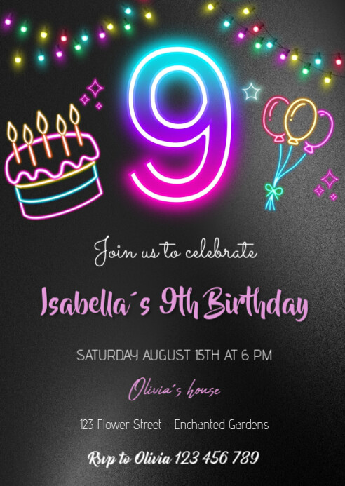 neon 9th Birthday Invitation Template | PosterMyWall