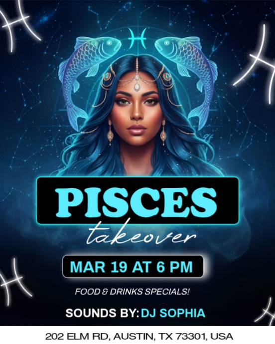 Neon Blue "Pisces Takeover" Zodiac Birthday Party & Club Flyer Template ...