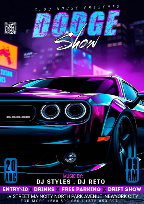 Neon Dodge Aouto Show A4 Template | PosterMyWall