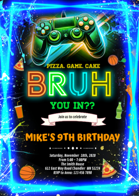 Neon Gamer boy Birthday Invitation Template | PosterMyWall