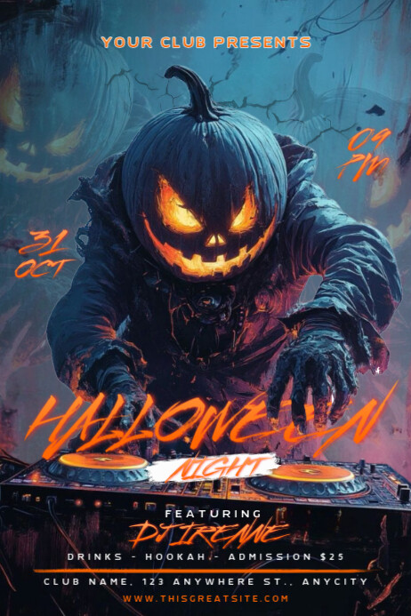 Neon Halloween Night Party Pumpkin Dj Poster Template | PosterMyWall