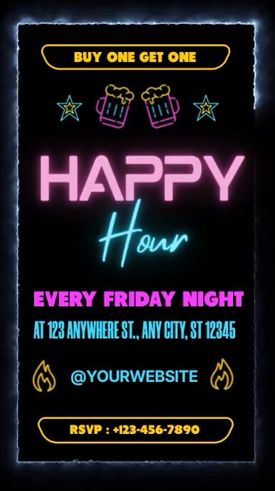 Neon Happy Hour Beer Template | PosterMyWall
