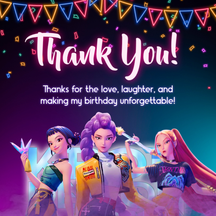 Plantilla de Neon Kpop Demon Hunters Birthday Thank You Card Instagram ...