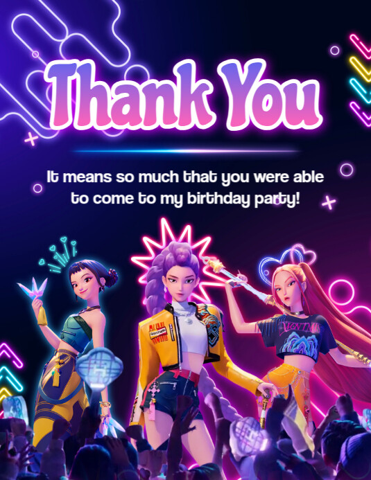 Neon Kpop Demon Hunters Birthday Thank You Card templaat | PosterMyWall