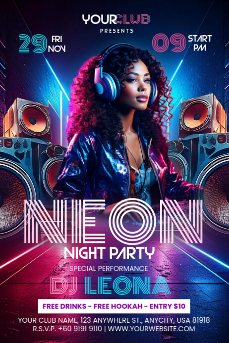 Neon Light Night Party Event Poster Flyer Template | PosterMyWall