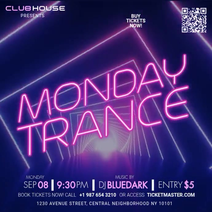 Neon Monday Trance Techno Dance Party Square Instagram Video Ad ...