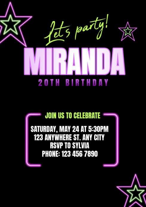 Neon Neon Birthday Party Invitation Template A4 | PosterMyWall
