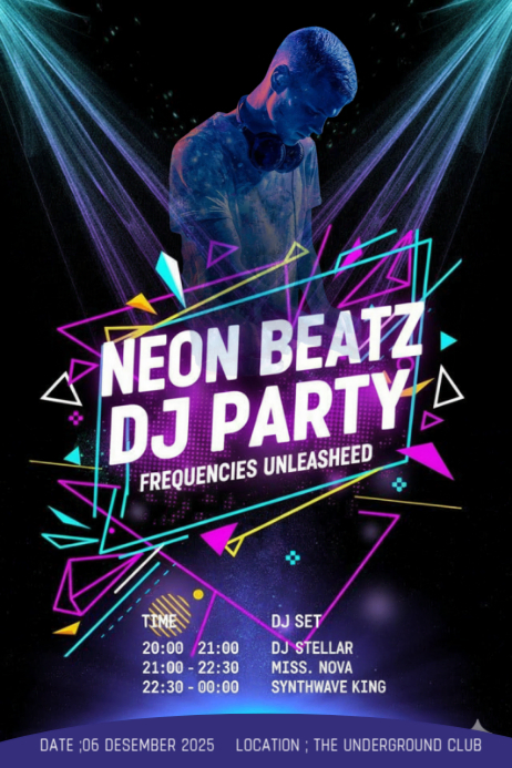 Neon Party Night Live Music And Dj Poster Template | PosterMyWall