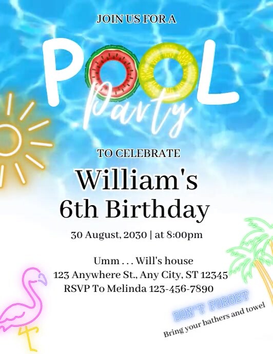Neon pool party birthday invitation template | PosterMyWall