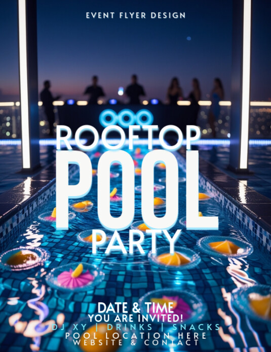 Neon Rooftop Pool Party Flyer Design Template | PosterMyWall