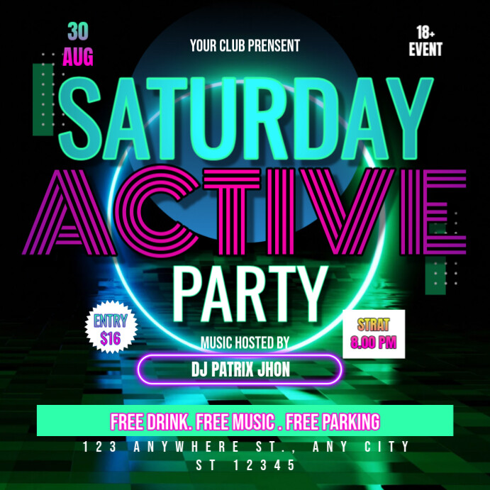 Neon Saturday active party instagram post Templat | PosterMyWall