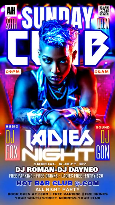 Plantilla de Neon Sunday Night Club Ladies Party Flyer Instagram Reel ...