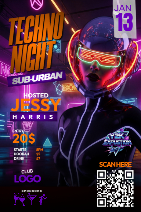 Neon Techno Night Party Flyer Modelo | PosterMyWall