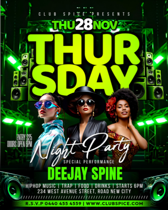 Plantilla de Neon Thursday Ladies Night Club Party Green Theme Dj Music ...