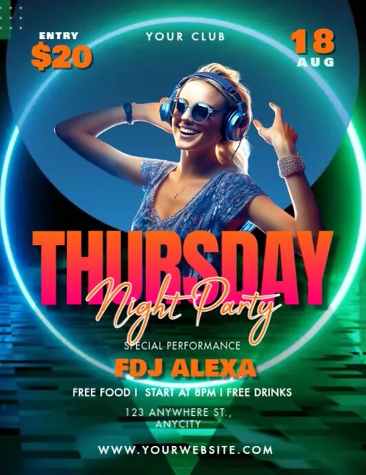 Plantilla de Neon Thursday Night Party Pamflet (letter As) | PosterMyWall