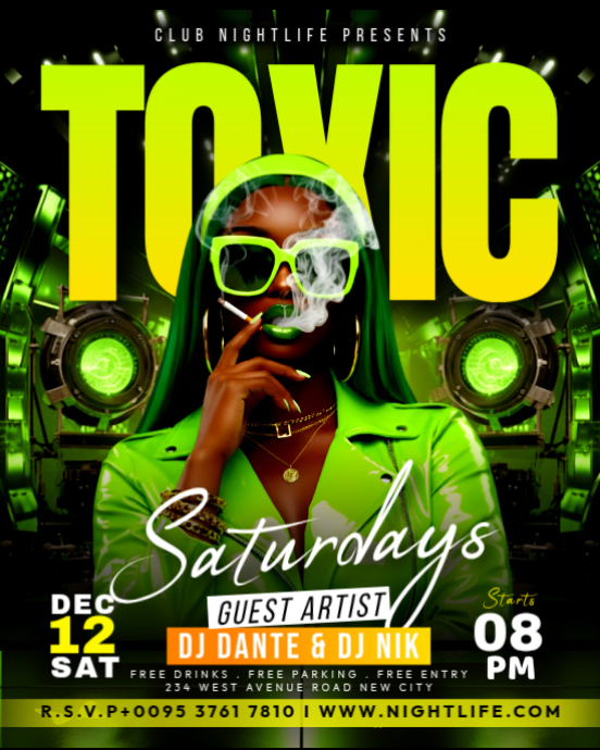 Neon Toxic Saturday Night Club Ladies Disco Party Music Dj Event Green ...