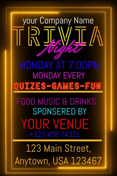 Plantilla de Neon Trivia Night Party Poster | PosterMyWall