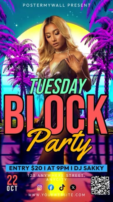 Plantilla de Neon Tuesday Block Party Reel Instagram | PosterMyWall