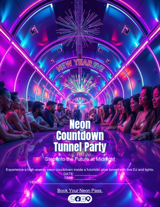 Plantilla de Neon Tunnel Countdown Party Flyer | Electric NYE 2026 ...