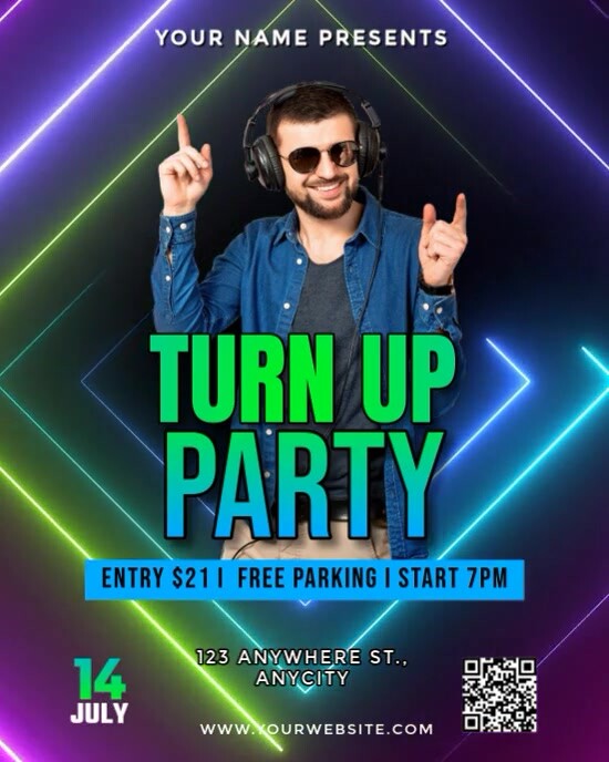 Plantilla de Neon Turn Up Party Instagram Portrait | PosterMyWall