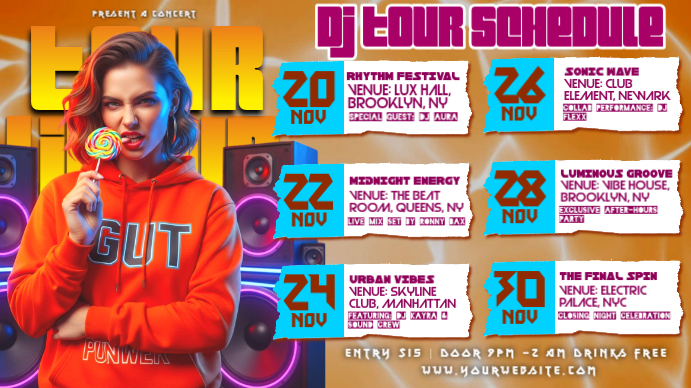 Neon Typographic DJ Tour Schedule Template | PosterMyWall