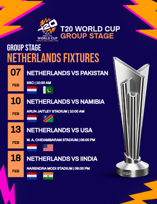 Netherlands t20 world cup 2026 group stage schedule Template | PosterMyWall