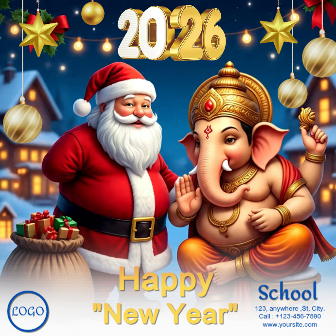 New Year 2026 free editable template with Santa and Lord Ganesha for ...