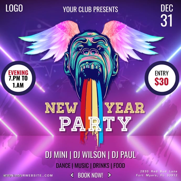 New Year Club Party Invitation Post Ad Flyer Template | PosterMyWall