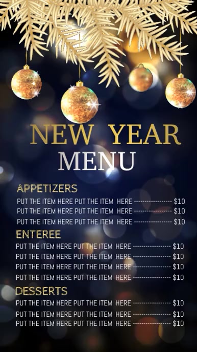 new year dinner menu digital display Template | PosterMyWall