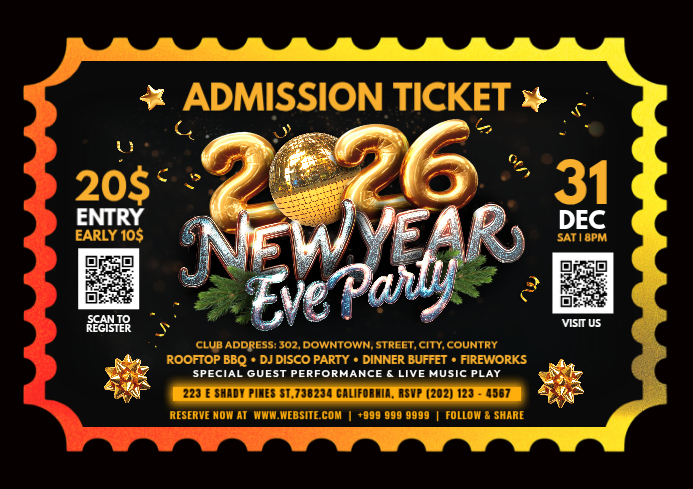 New Year Eve Party 2026 Ticket Template | PosterMyWall